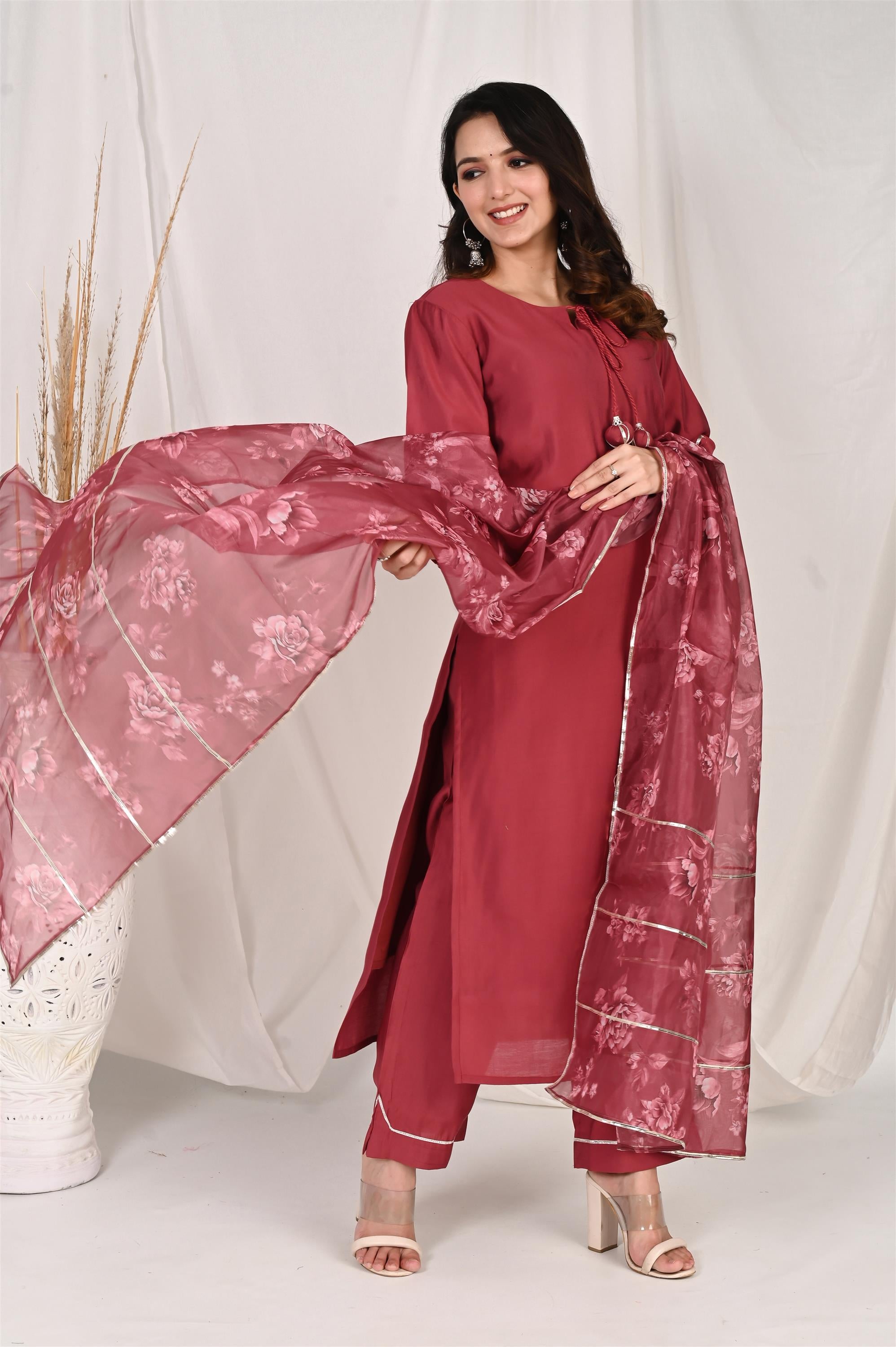 Maroon Muslin Kurta Set with Organza Dupatta