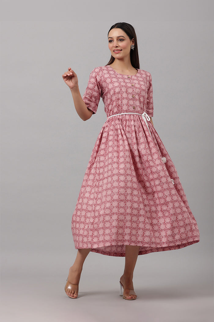 Peach Block Printed A-Line Dress
